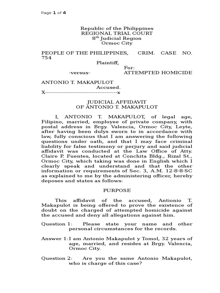 Judicial Affidavit-Attempted Homicide Accused | PDF | Perjury | Social Institutions