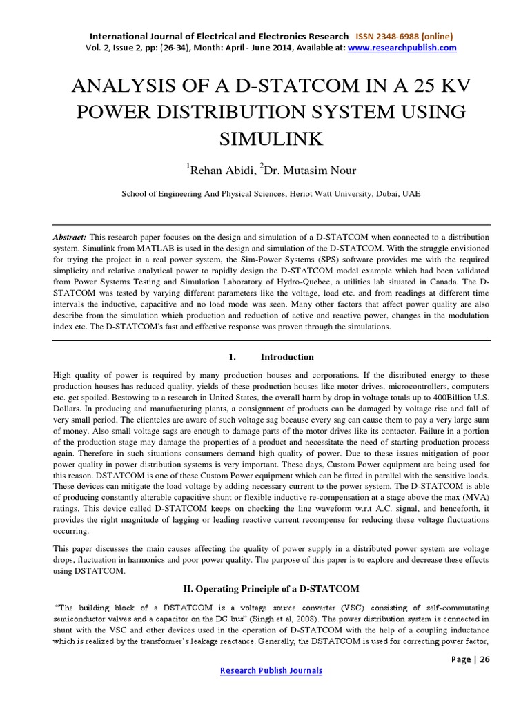 Analysis Of A D Statcom In A 25 Kv Power Distribution System Using Simulink 193 Pdf Ac Power