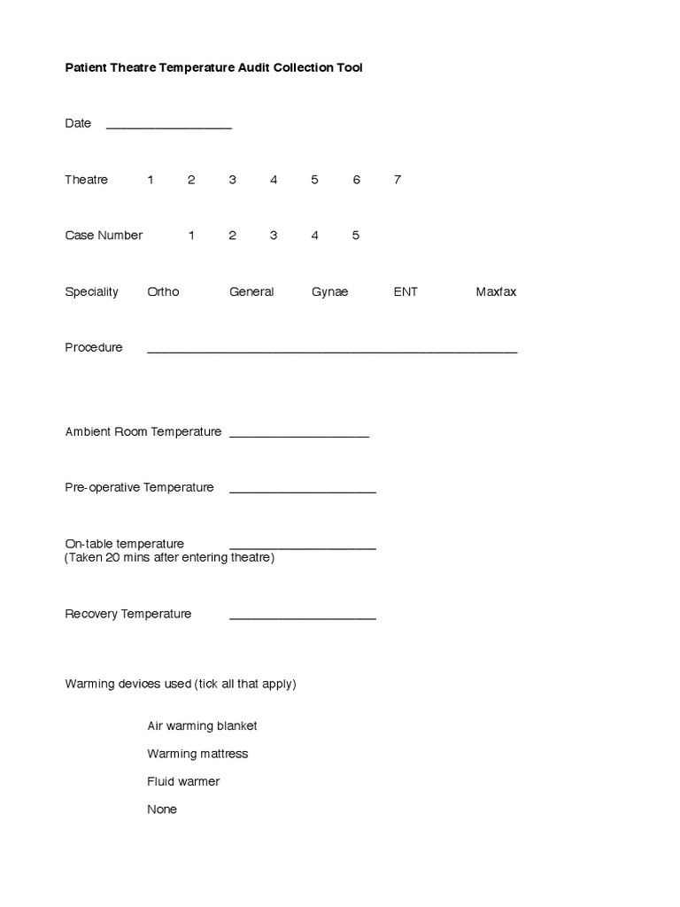 Patient Theatre Temperature Audit Tool | PDF