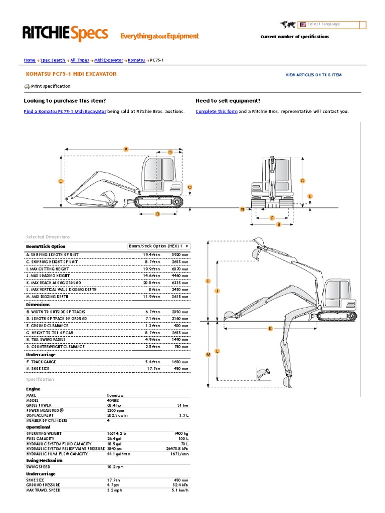 Specifications for a Komatsu PC75-1 Midi Excavator including dimensions ...