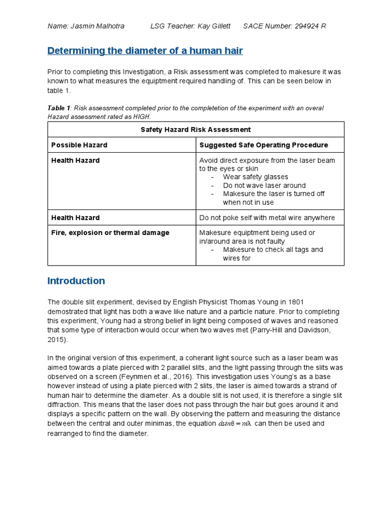 Measuring Human Hair Diameter with Lasers | PDF | Light | Diffraction