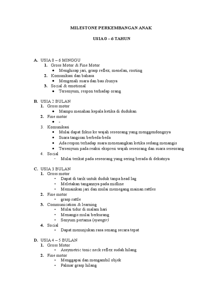 Milestone Perkembangan Anak 0-6 Tahun | PDF | Komunikasi | Mainan