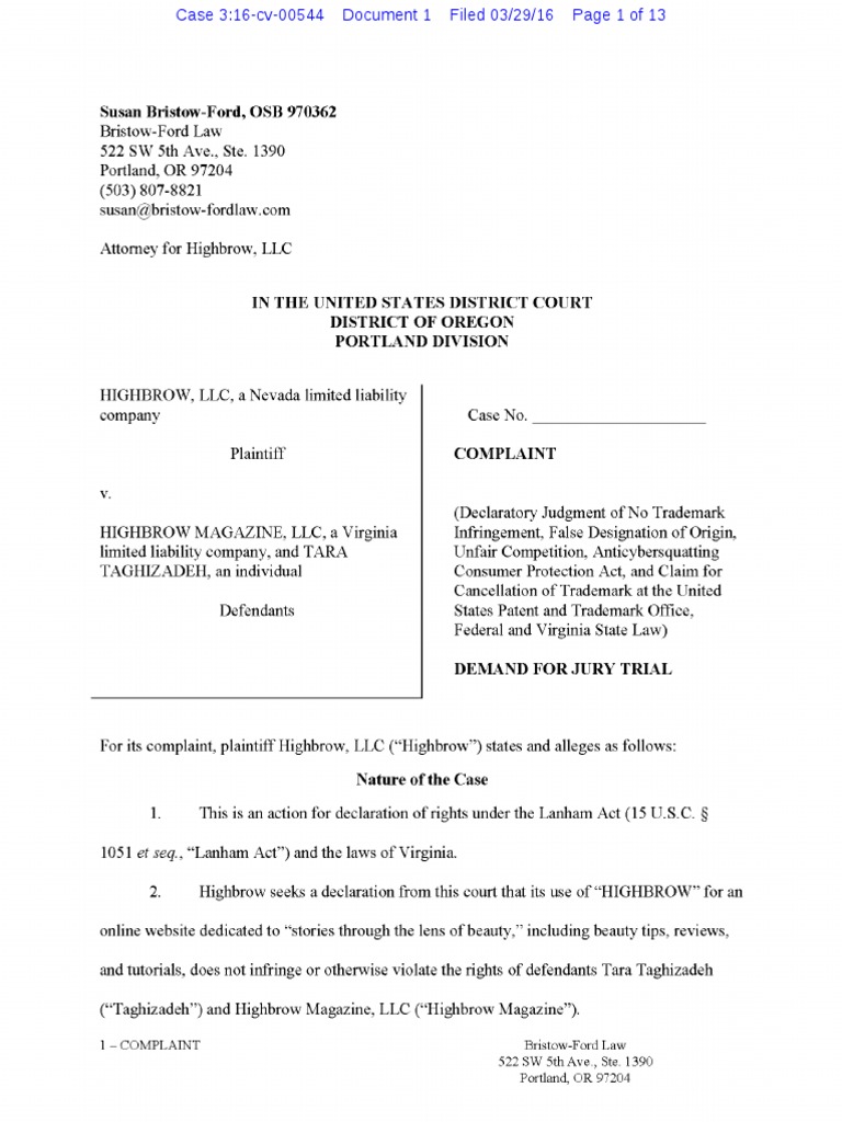 Highbrow Complaint | PDF | Declaratory Judgment | Trademark
