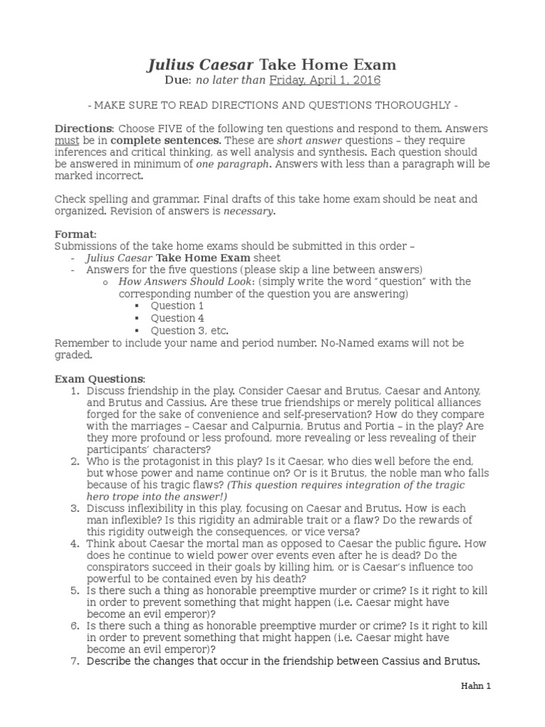 Julius Caesar Take Home Exam Guide | PDF | Marcus Junius Brutus The ...