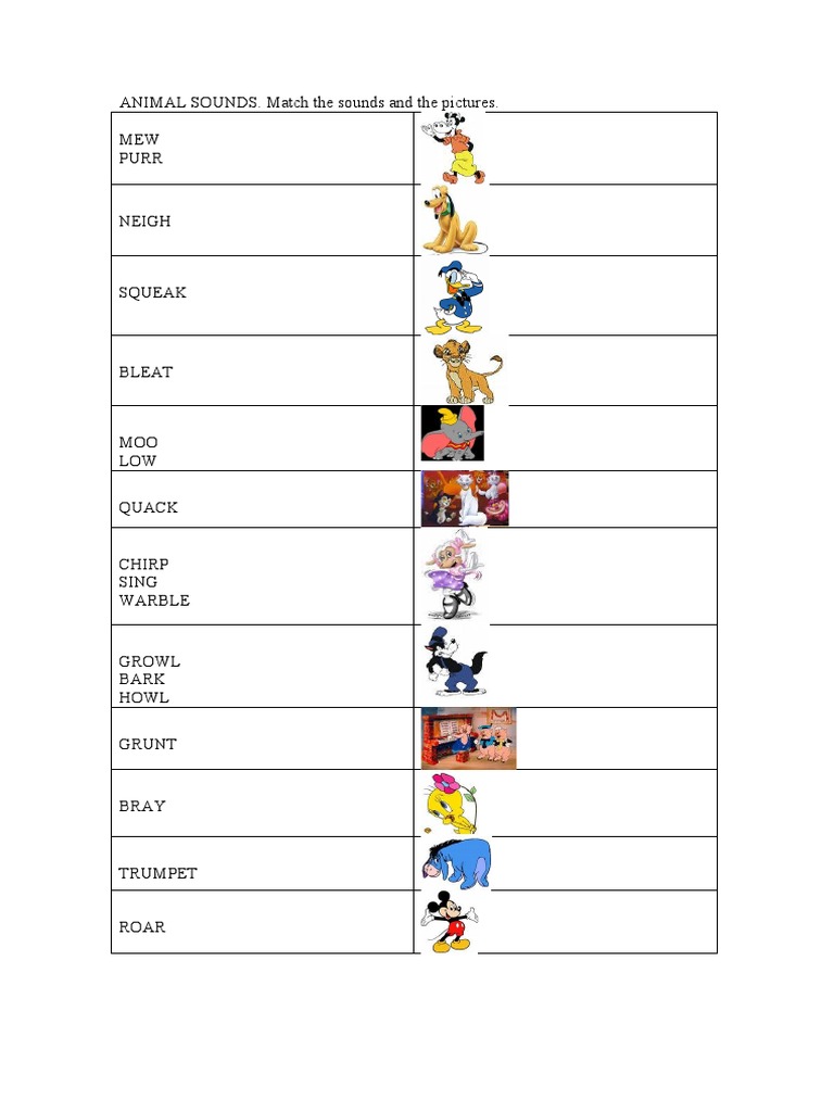 ANIMAL SOUNDS. Match The Sounds and The Pictures. MEW Purr | PDF | Art