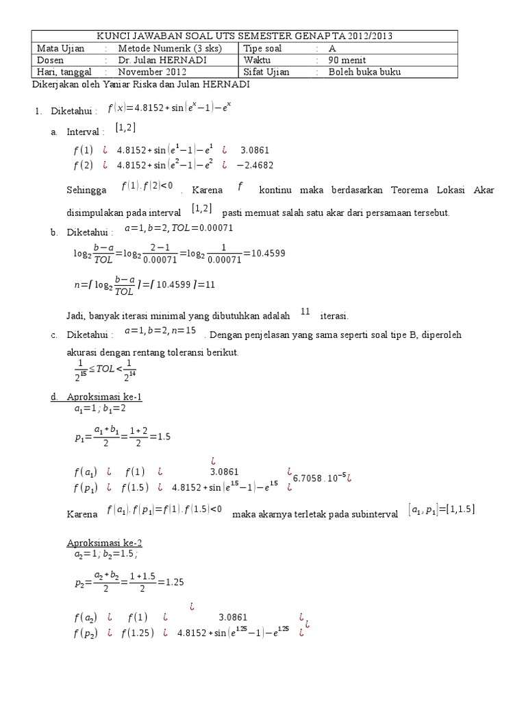 Kunci Jawaban Soal Uts Metnum Ta 2012 2013 New | PDF