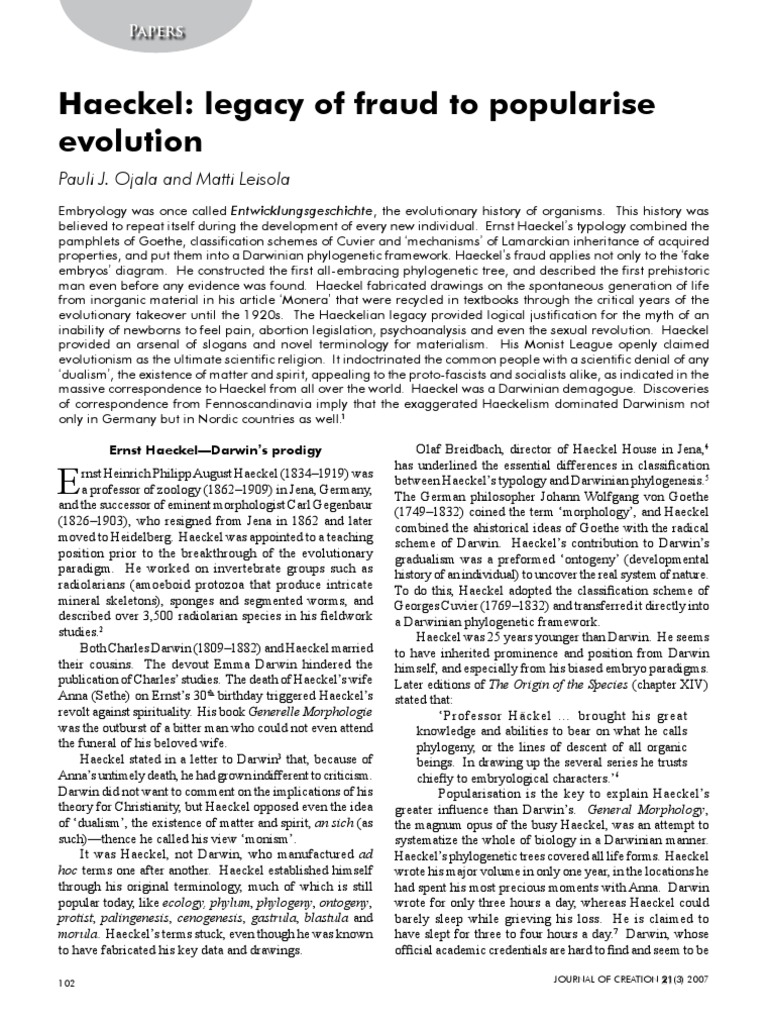 Haeckel: Legacy of Fraud To Popularise Evolution: Pauli J. Ojala and ...