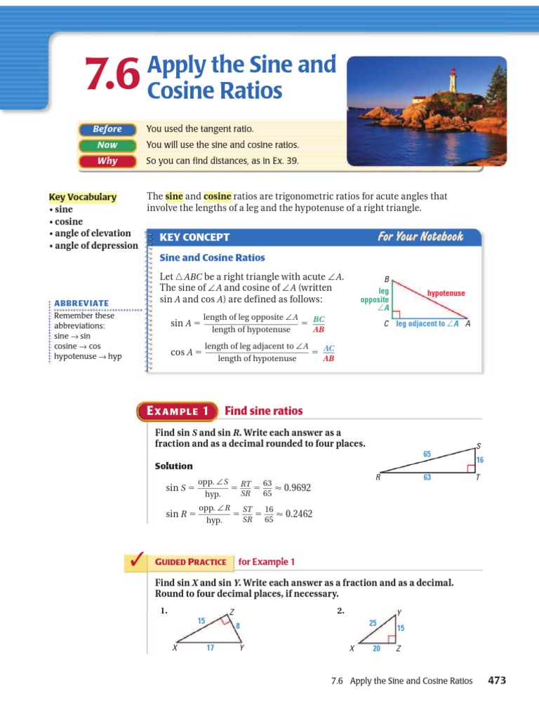 Apply The Sine and Cosine Ratios: For Your Notebook | PDF ...