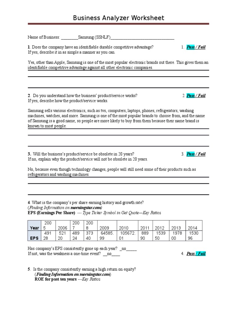 Business Analysis Worksheet Samsung | PDF | Samsung | Equity (Finance)