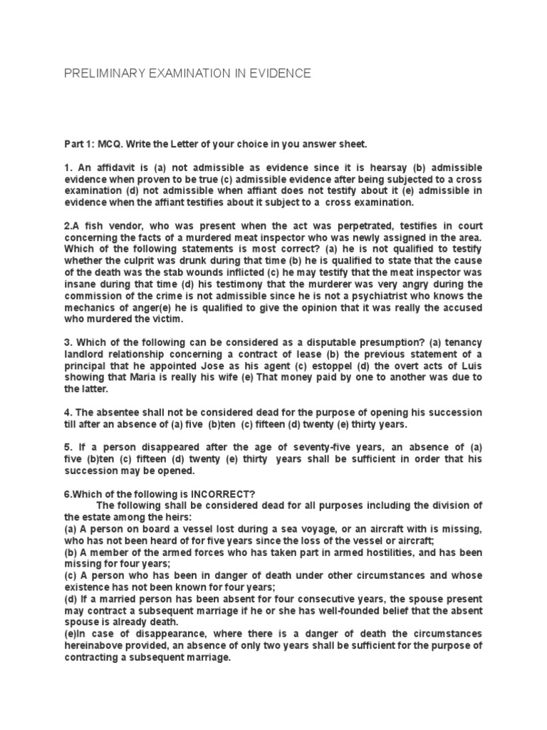 Evidence Preliminary Exam Questions | PDF | Evidence (Law) | Witness