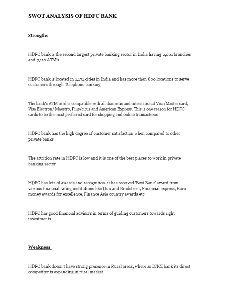 Swot Analysis of HDFC Bank | PDF