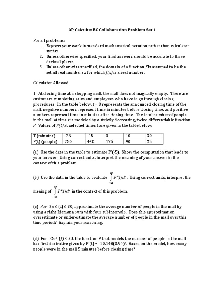 Calculus BC Problem Set | PDF | Tangent | Mathematical Concepts