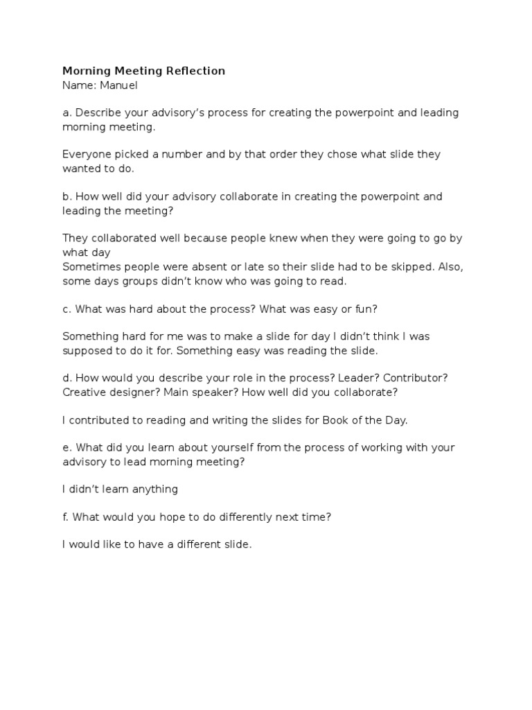 Morning Meeting Reflection by Manuel | PDF | Career & Growth | Social ...