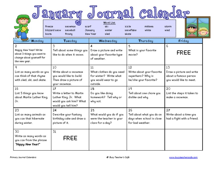 January Writing Prompts Calendar | PDF | Sports & Recreation