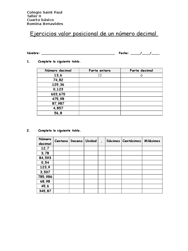 Ejercicios Valor Posicional de Un NÃºmero Decimal | PDF
