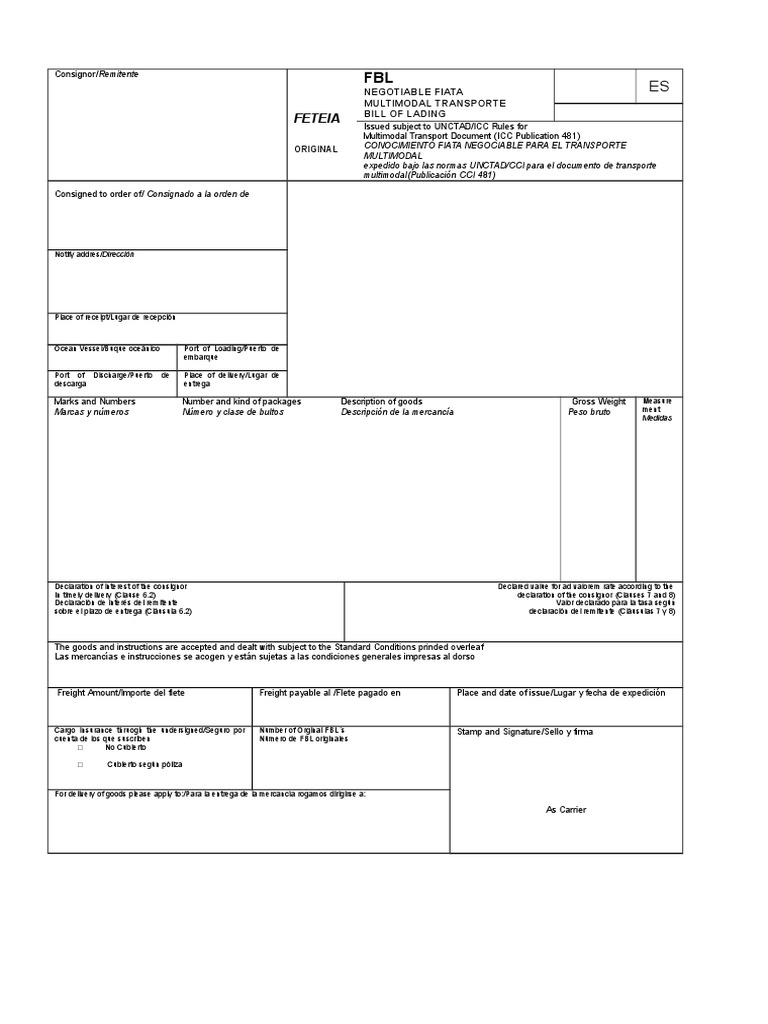 Modelo de Fiata Bill of Lading FBL
