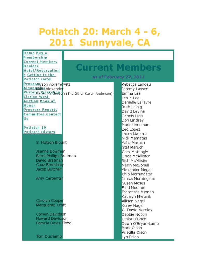 Potlatch 20: March 4 - 6, 2011 Sunnyvale, CA: Current Members | PDF ...
