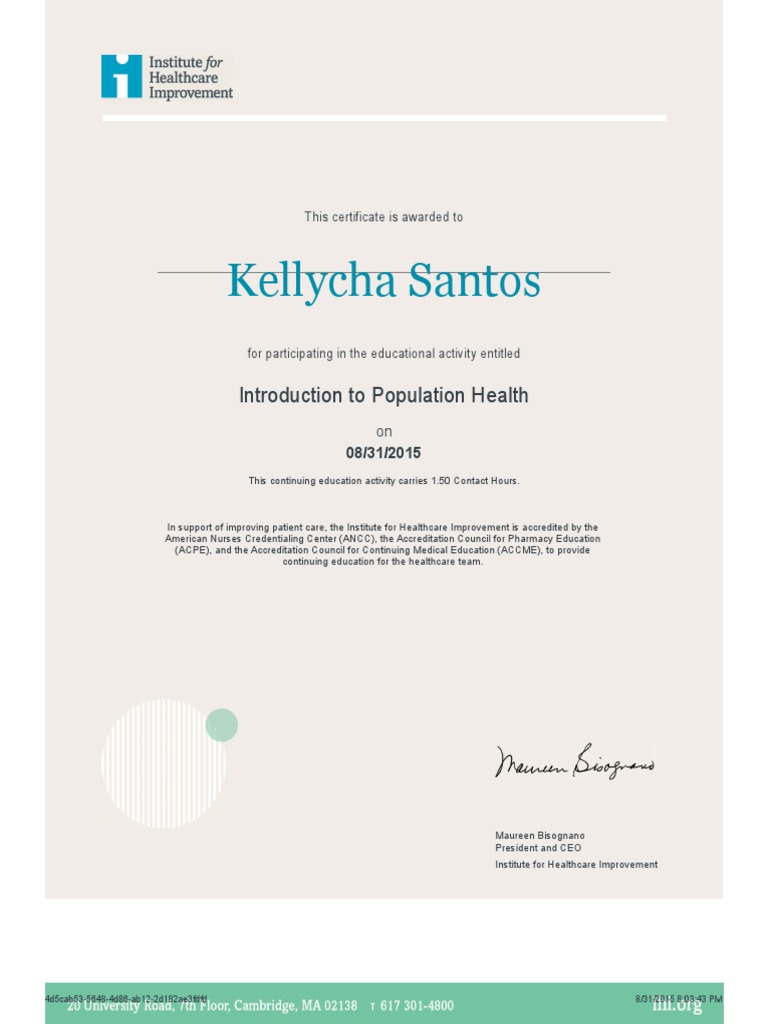Ihi Certificate - Introduction To Population Healt 1 | PDF | Wellness