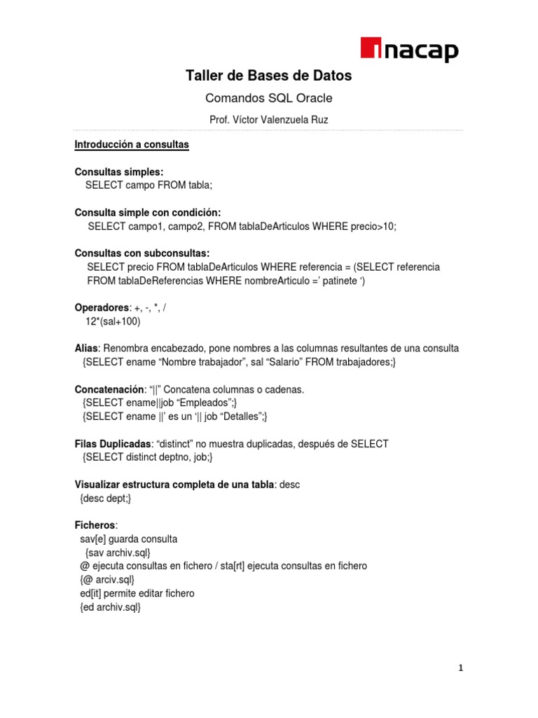 Comandos SQL Oracle y consultas básicas | PDF | SQL | Comillas