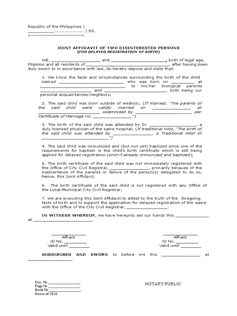 Sample Joint Affidavit of Two Disinterested Persons for Delayed Birth ...