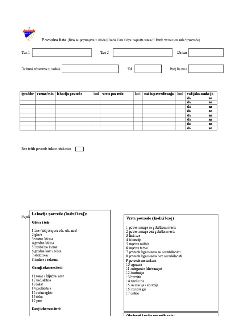 Obrazac - Povredna Lista | PDF
