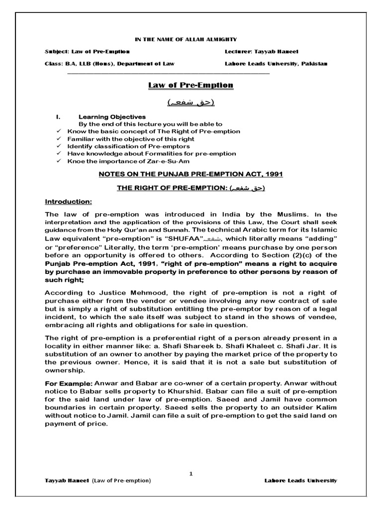 Pre Emption Notes.pdf | Federal Preemption | Lawsuit