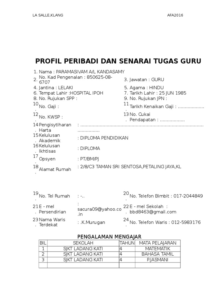 A.profil Peribadi Dan Senarai Tugas Guru | PDF