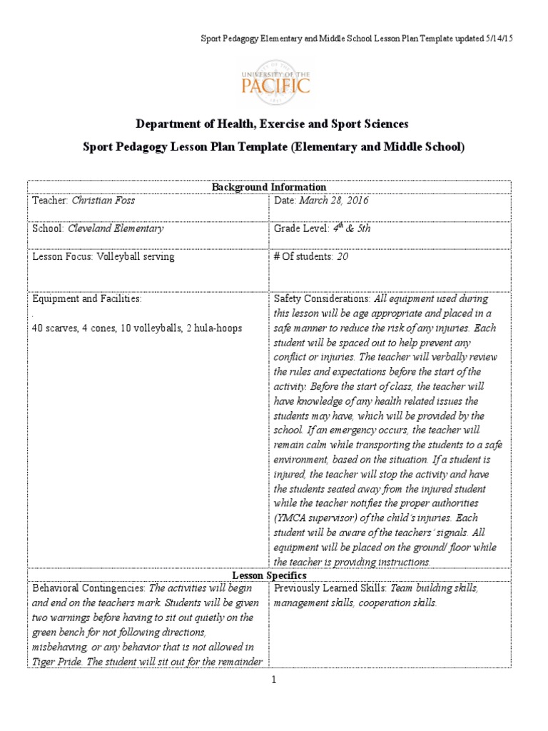 Volleyball Day 1 Lesson Plan | PDF | Lesson Plan | Physical Education