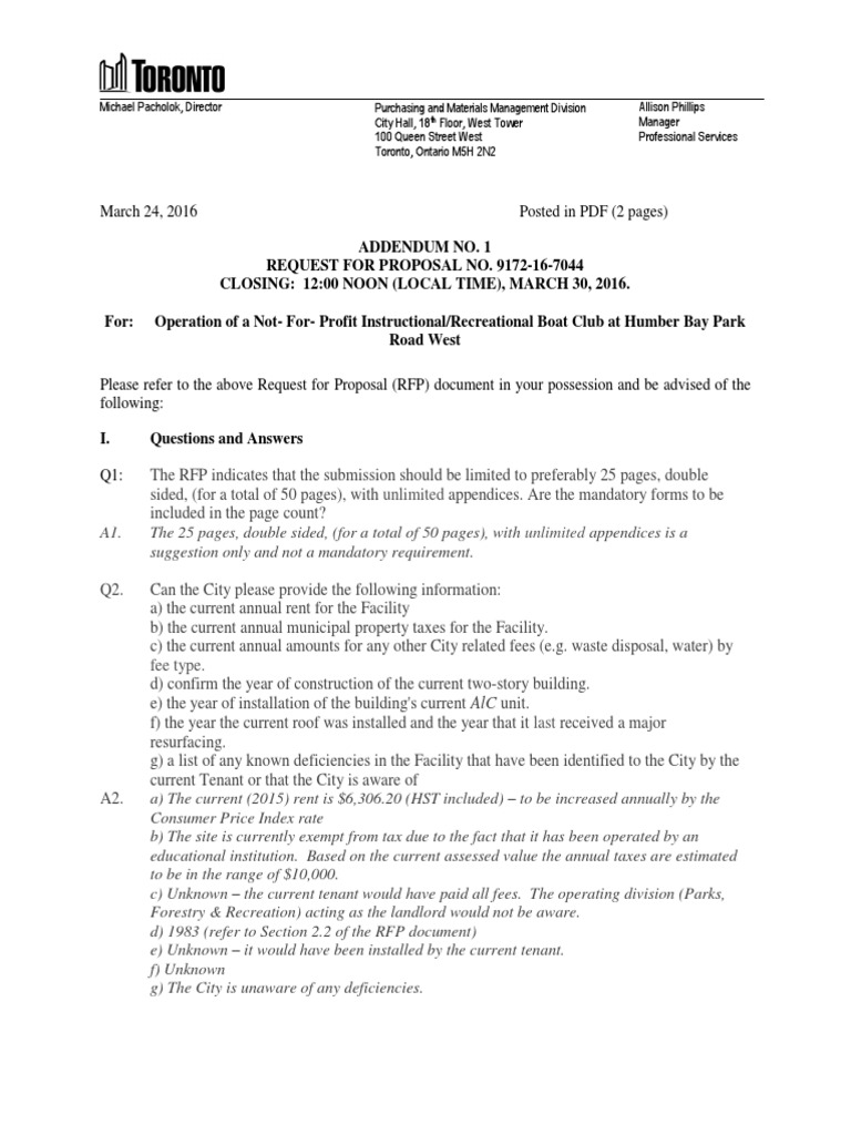 RFP: Addendum No 1 (Operation of A Not-For-Profit Instructional ...