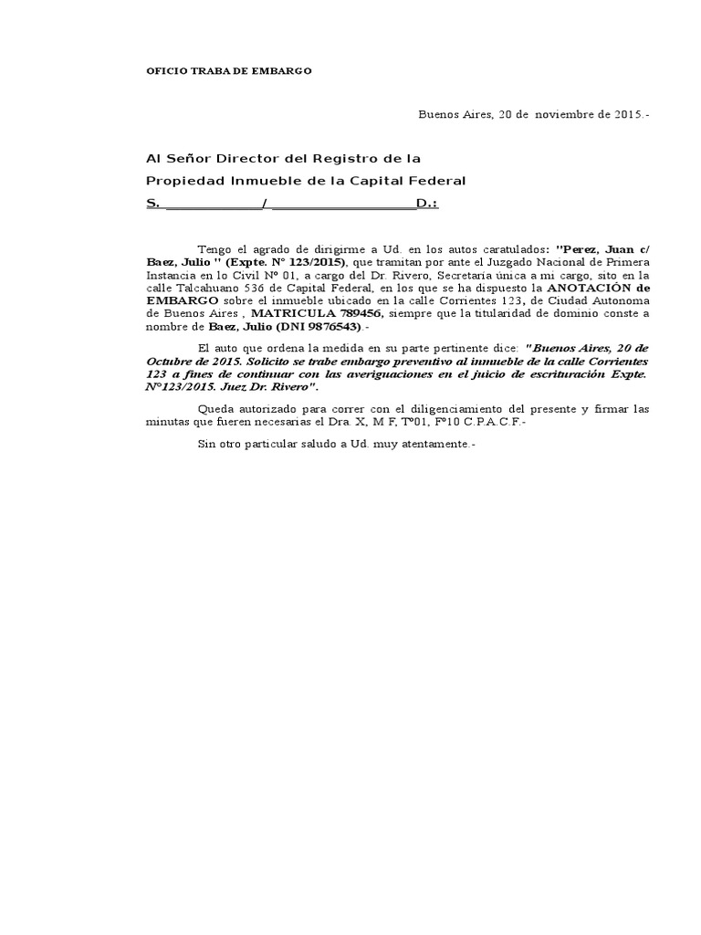 Oficio de Embargo | PDF