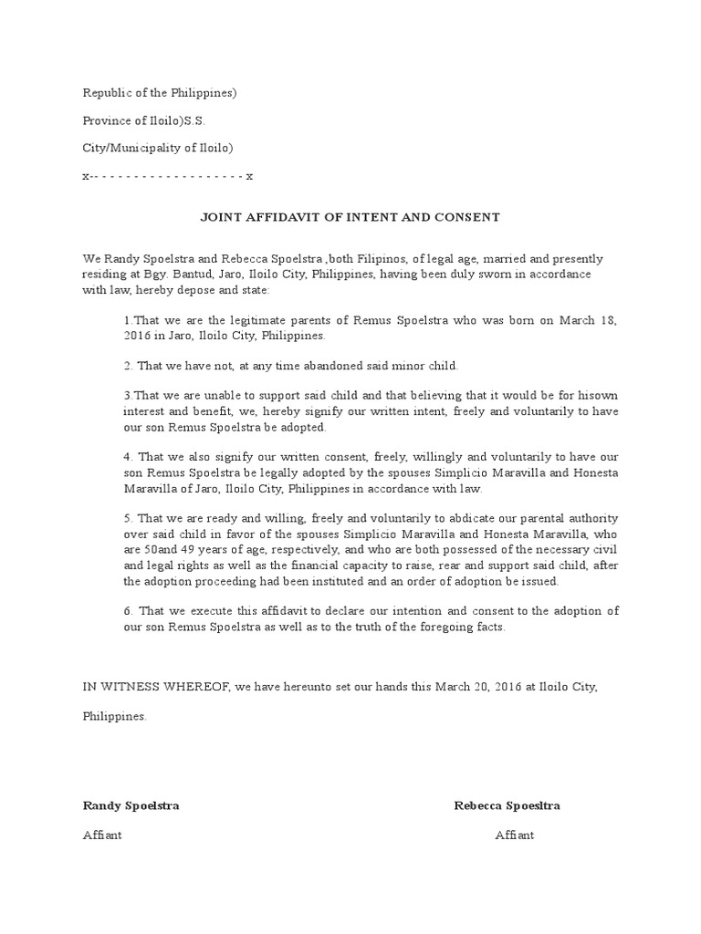 Joint Affidavit of Intent and Consent | PDF