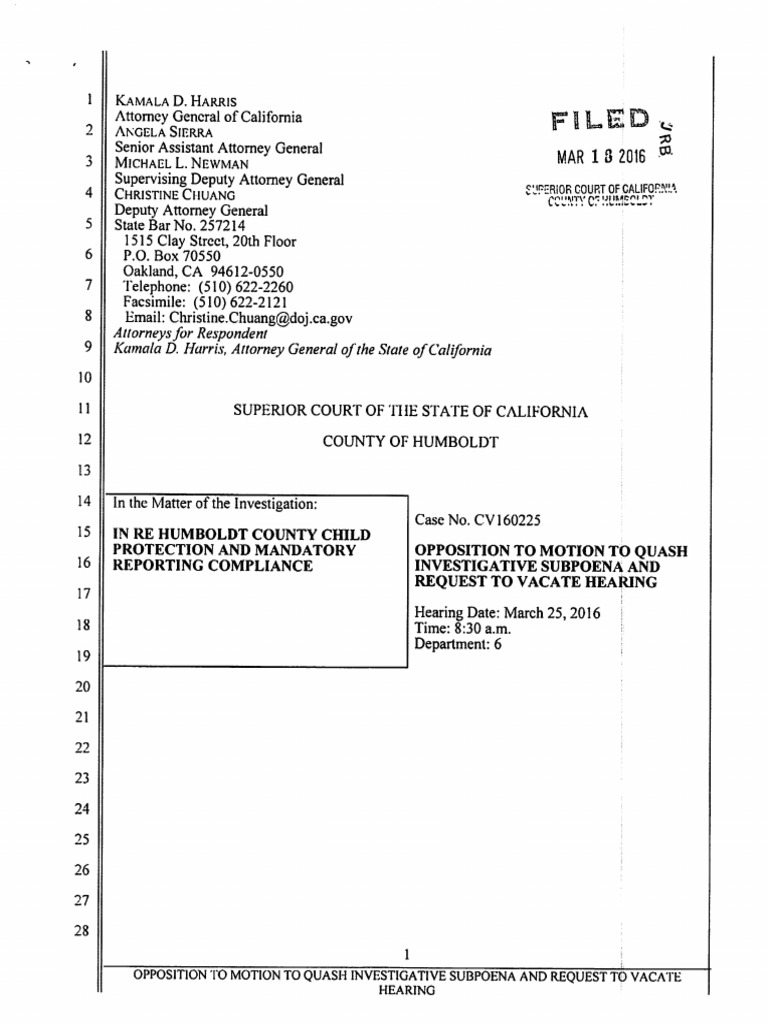 California Attorney General Opposition To Motion To Quash Humboldt ...