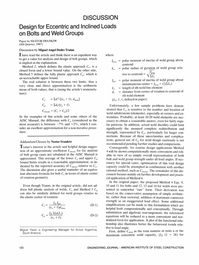 Discussion - Design For Eccentric and Inclined Loads On Bolts and Weld Groups | PDF | Quadratic ...
