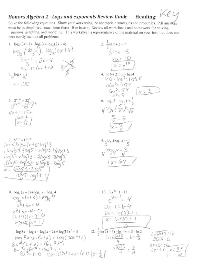 Algebra 2 Logs and Exponents Review Guide | PDF | Exponentiation ...