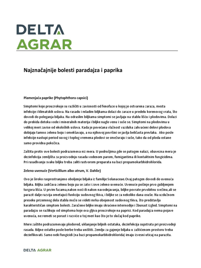 Najznačajnije Bolesti Paradajza I Paprike | PDF
