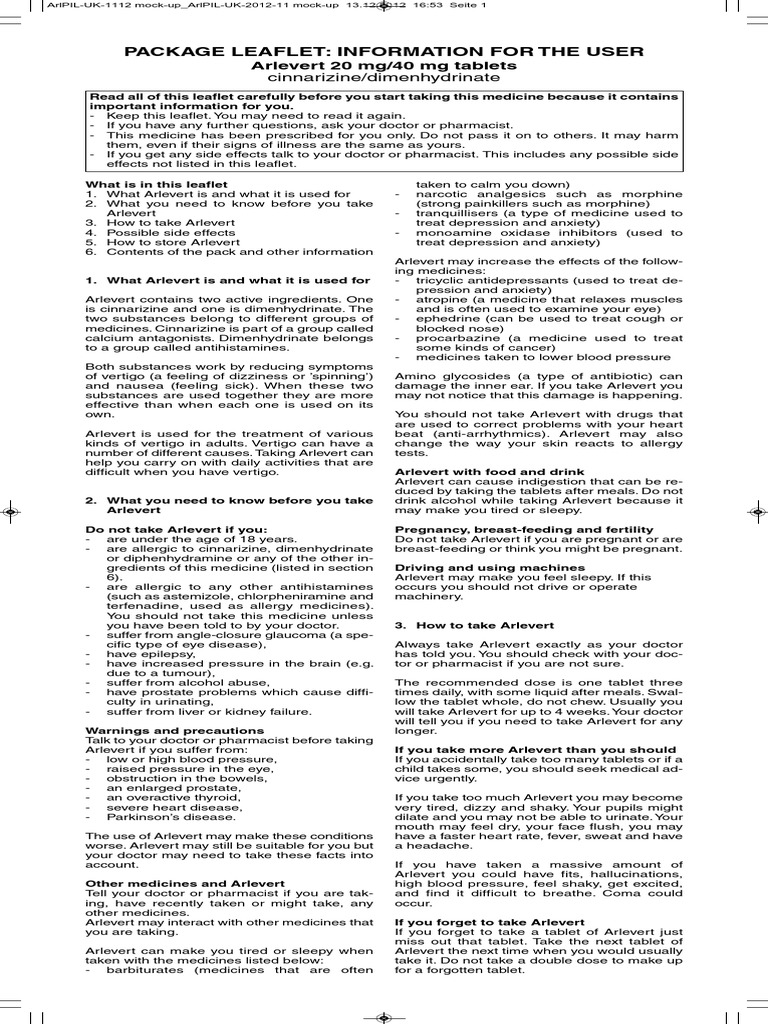 Arlevert (Cinnarizinedimenhydrinate) | PDF | Pharmaceutical Drug ...