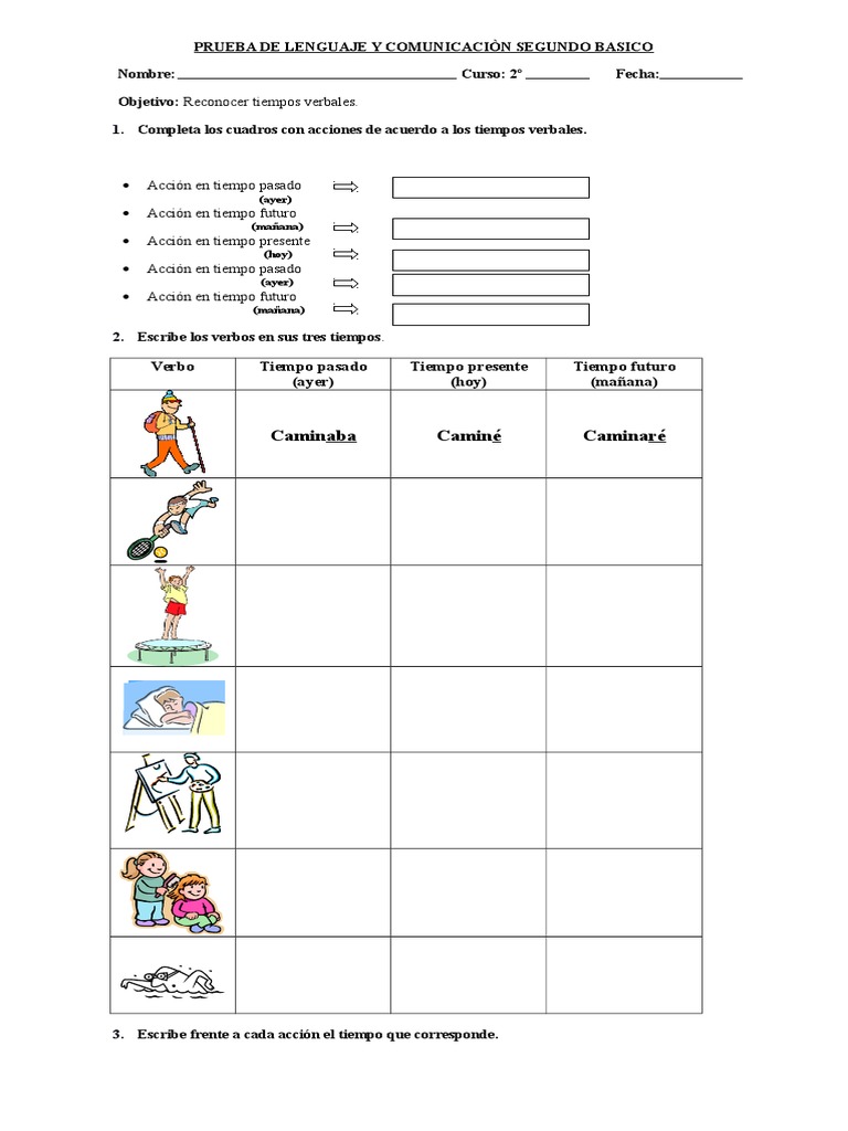Ejercicios de Tiempos Verbales 2º Básico | PDF