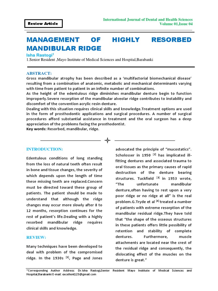 Management of Resorbed Mandibular Ridge | PDF | Dentures | Dental Implant