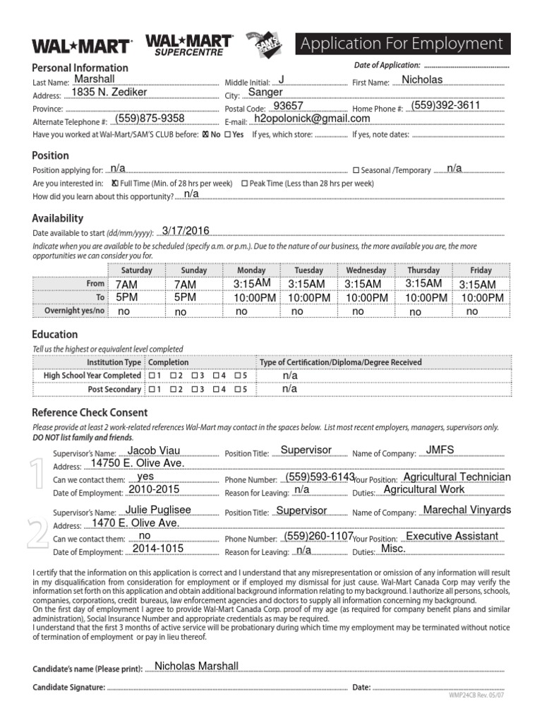 Walmart Application For Employment Fiilable | PDF | Government | Business