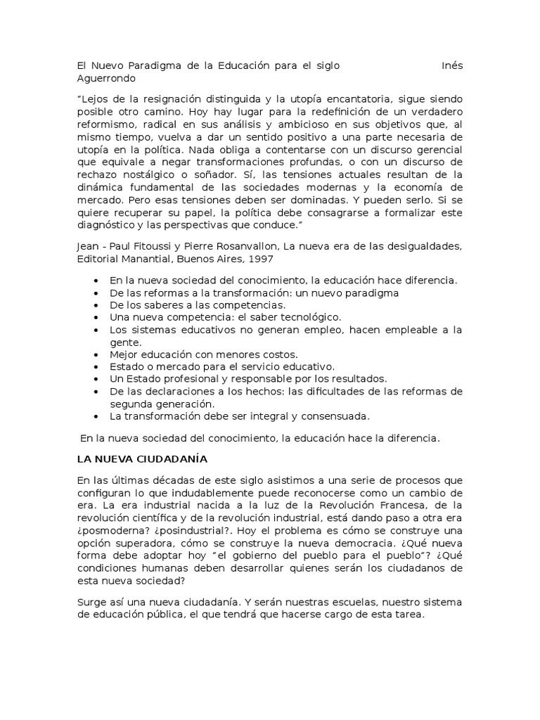 El Nuevo Paradigma de La Educación para El Siglo Inés Aguerrondo | PDF ...