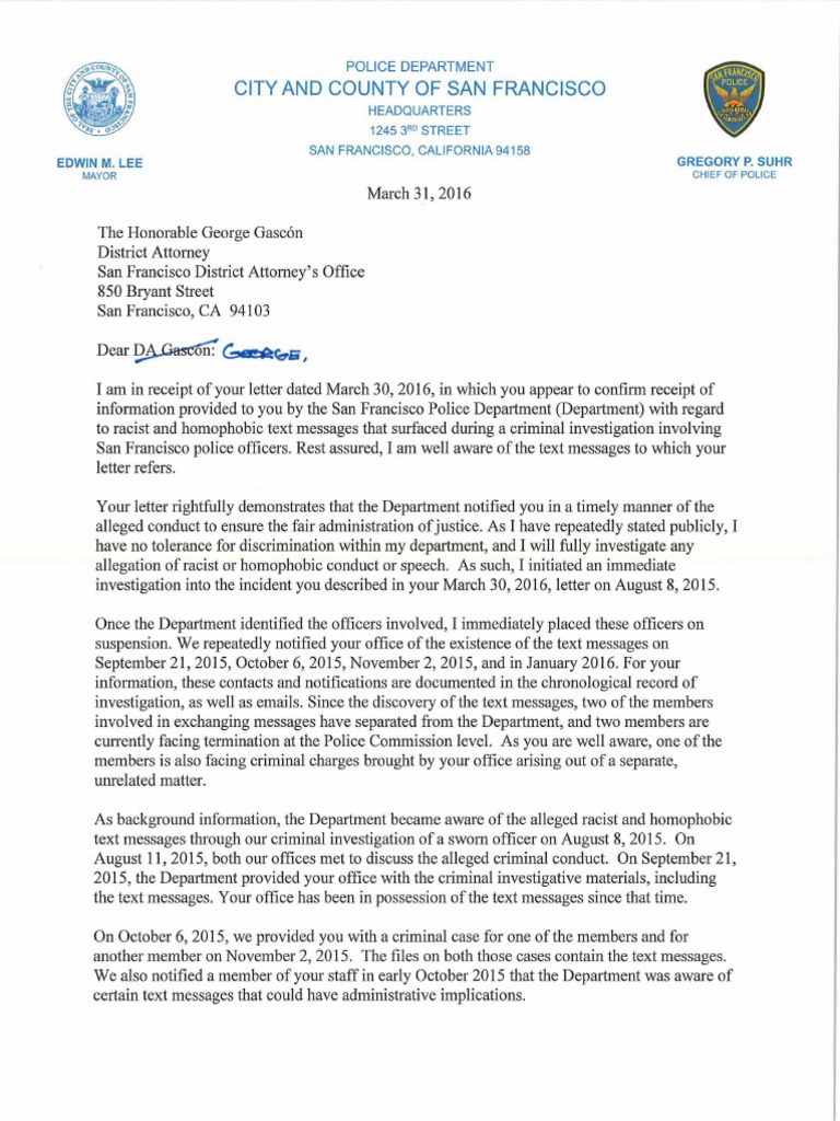 Greg Suhr Letter To George Gascón March 31, 2016 | PDF | Text Messaging ...