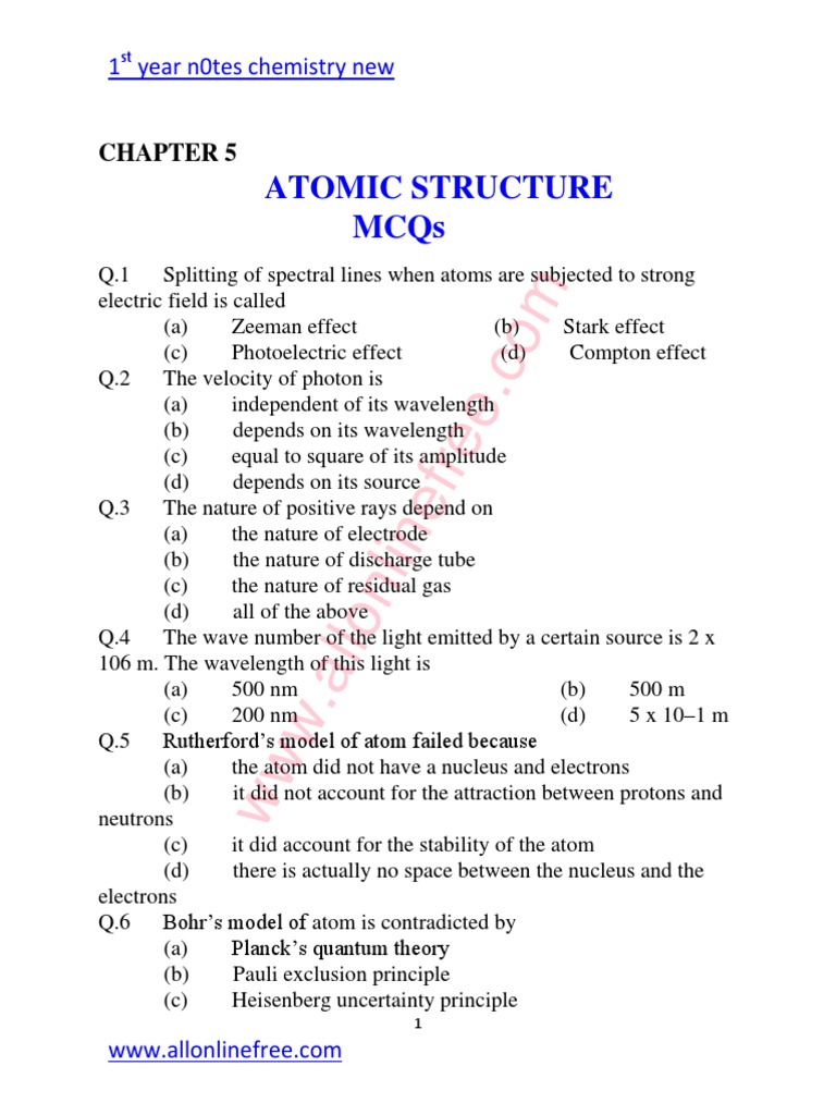 5 Chapter Atomic Structure Mcqs | Atomic Orbital | Atoms