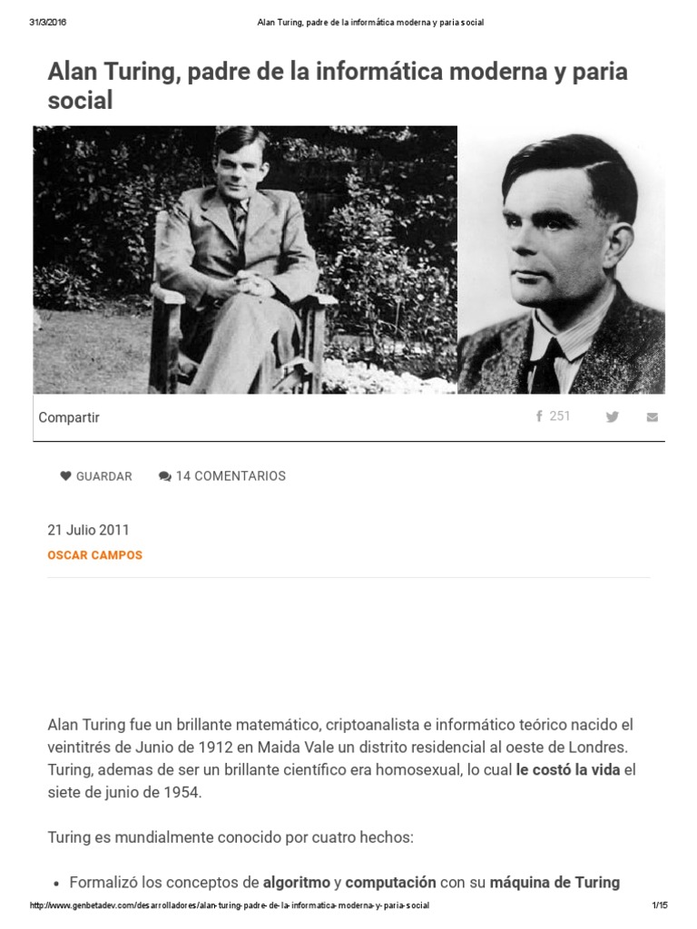 Alan Turing, Padre de La Informática Moderna y Paria Social | PDF ...