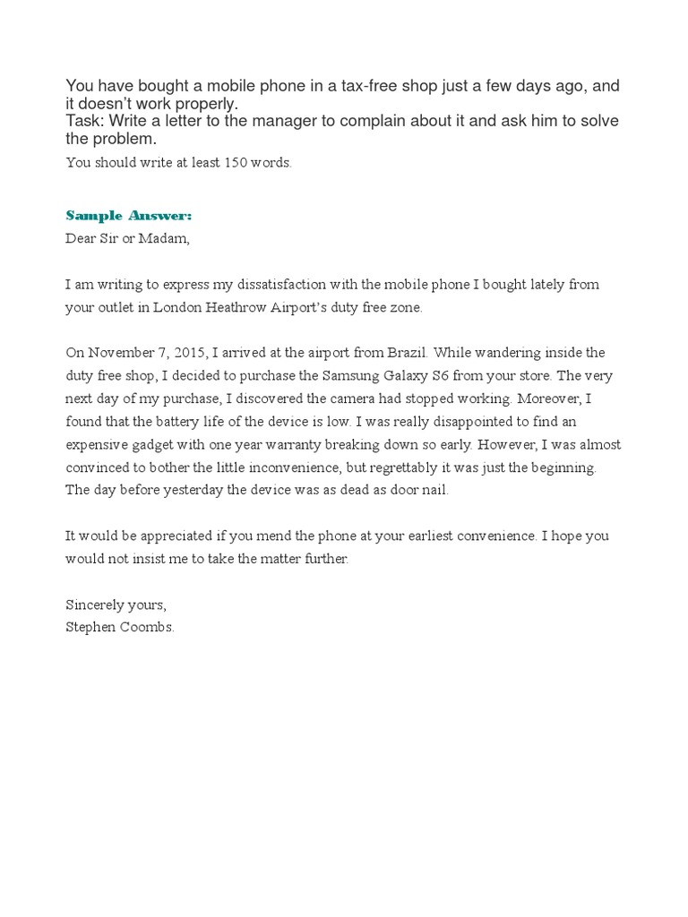 IELTS GT Writing Task 1 Sample Complaint Letter | PDF | Mobile Phones ...
