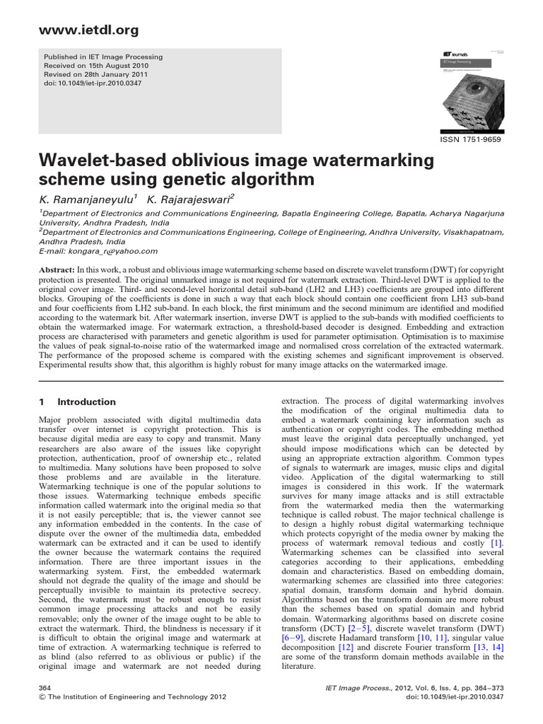 Wavelet-Based Oblivious Image Watermarking Scheme Using Genetic Algorithm | PDF | Signal ...
