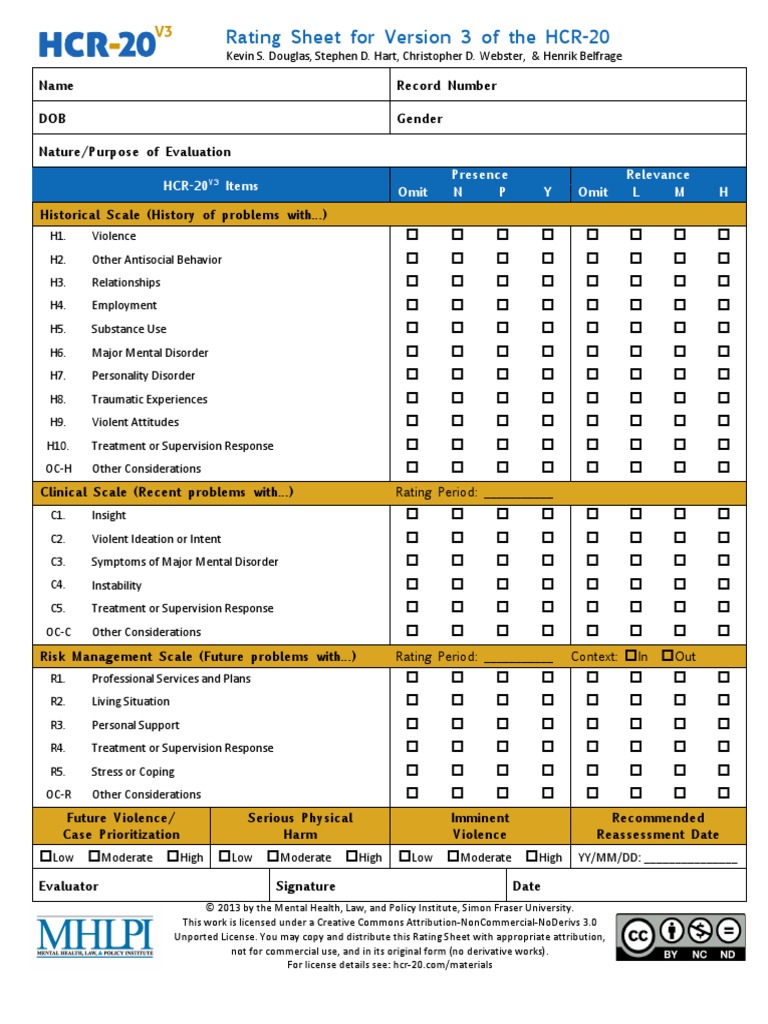 HCR V3 Rating Sheet 1 Page CC License 16 October 2013 | PDF | Violence ...