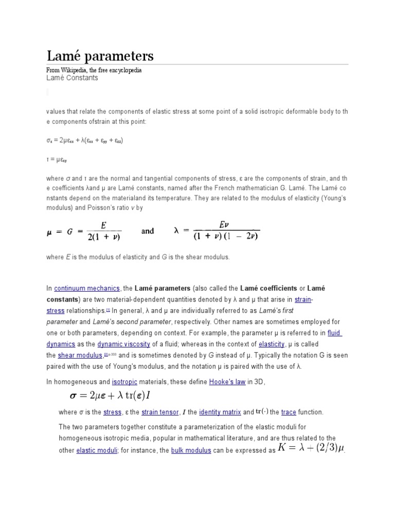 Lamé Parameters | PDF | Elasticity (Physics) | Continuum Mechanics