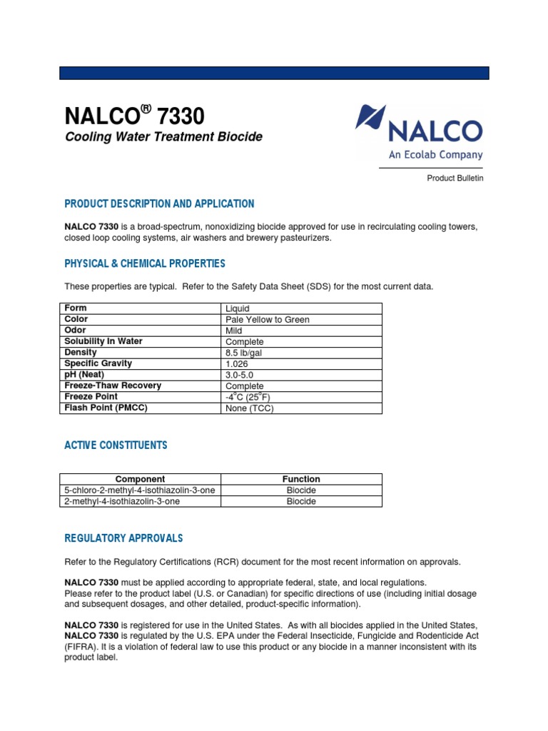 NALCO 7330 Cooling Water Treatment Biocide PDF | PDF | Chemistry ...
