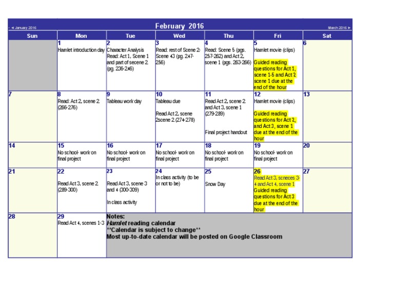 Hamlet Reading Calendar - February | PDF
