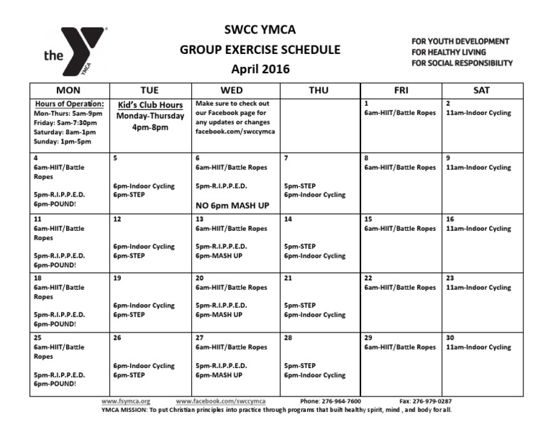 SWCC YMCA Group Exercise Schedule | PDF | Cooking, Food & Wine